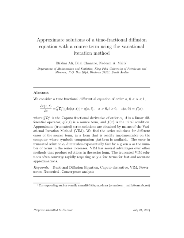 (PDF) Approximate solutions of a time-fractional diffusion equation with a source term using the ...