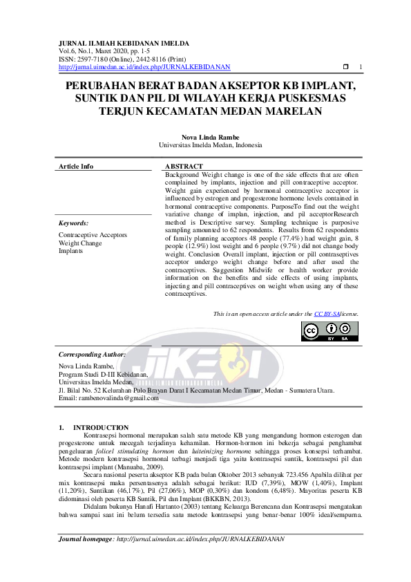 (PDF) Perubahan Berat Badan Akseptor KB Implant, Suntik Dan Pil DI Wilayah Kerja Puskesmas ...