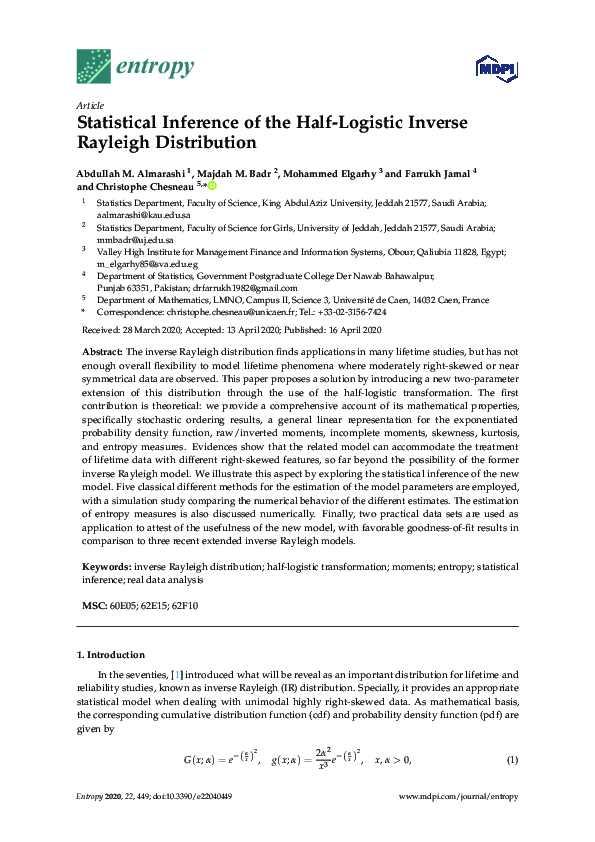 Pdf Statistical Inference Of The Half Logistic Inverse Rayleigh Distribution