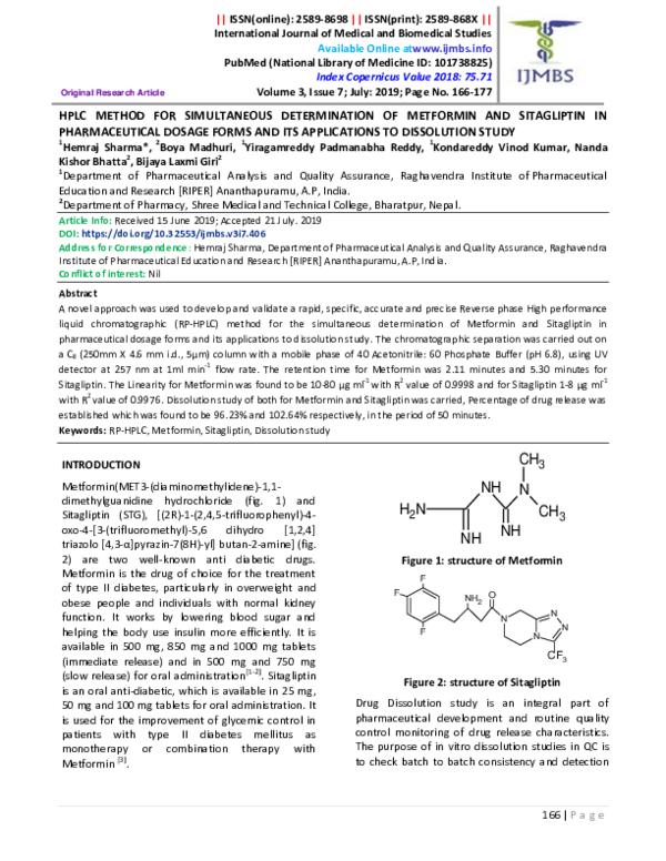 (PDF) HPLC Method for Simultaneous Determination of Metformin and Sitagliptin in Pharmaceutical ...