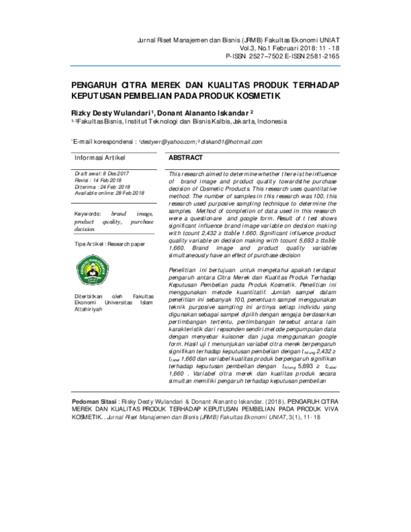 (PDF) Pengaruh Citra Merek Dan Kualitas Produk Terhadap Keputusan Pembelian Pada Produk Kosmetik