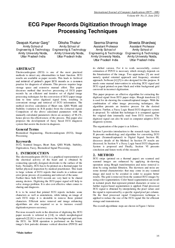 Pdf Ecg Paper Records Digitization Through Image Processing Techniques Diksha Thakur