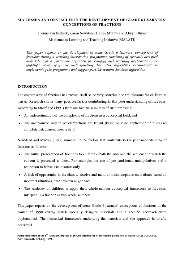 (PDF) Successes and obstacles in the development of grade 6 learners' conceptions of fractions