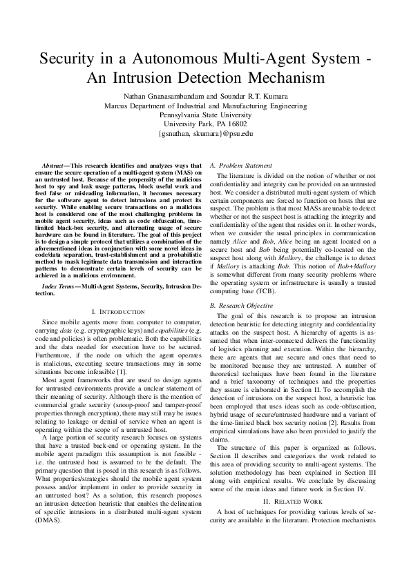 (PDF) Security in a Autonomous Multi-Agent System - An Intrusion ...