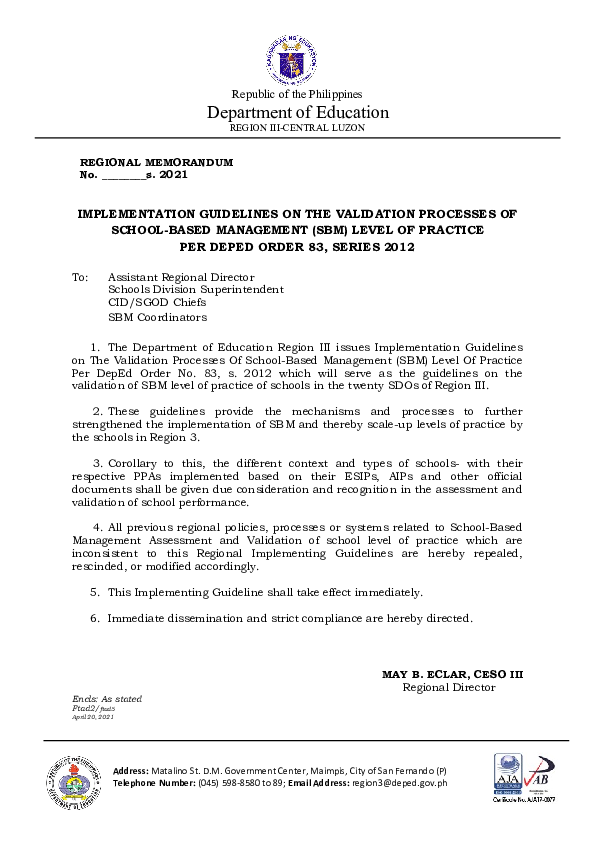 (DOC) FTAD Implementing Guidelines on SBM Validation Final version 21 APRIL 430PM