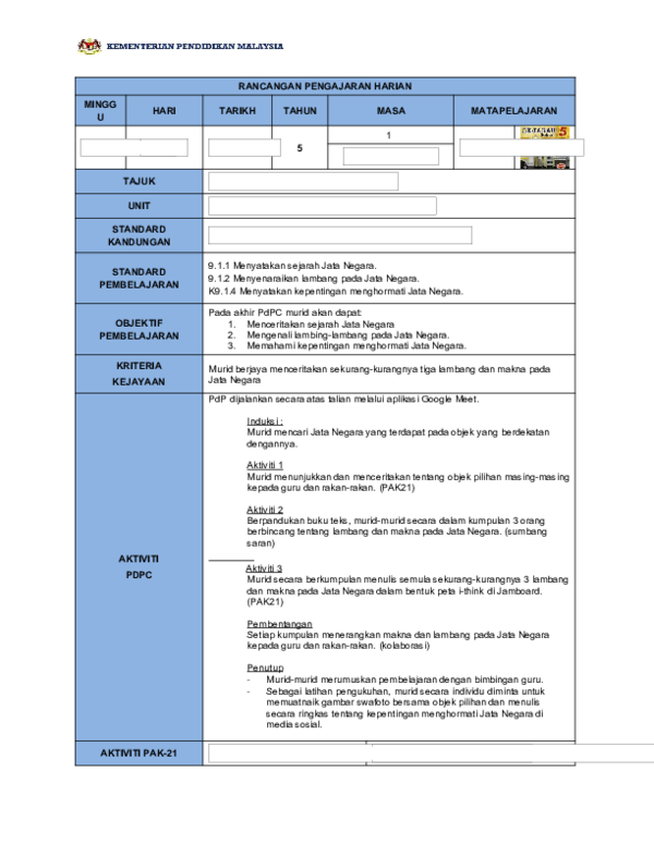 (DOC) RANCANGAN PENGAJARAN HARIAN SEJARAH TAHUN 5