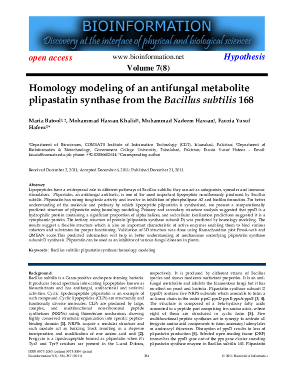 (PDF) Homology modeling of an antifungal metabolite plipastatin ...