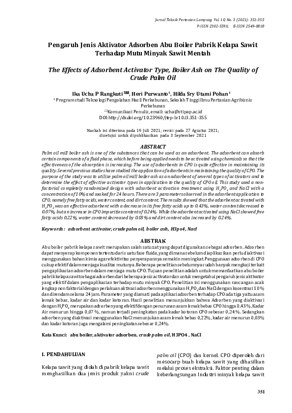 (PDF) Pengaruh Jenis Aktivator Adsorben Abu Boiler Pabrik Kelapa Sawit ...