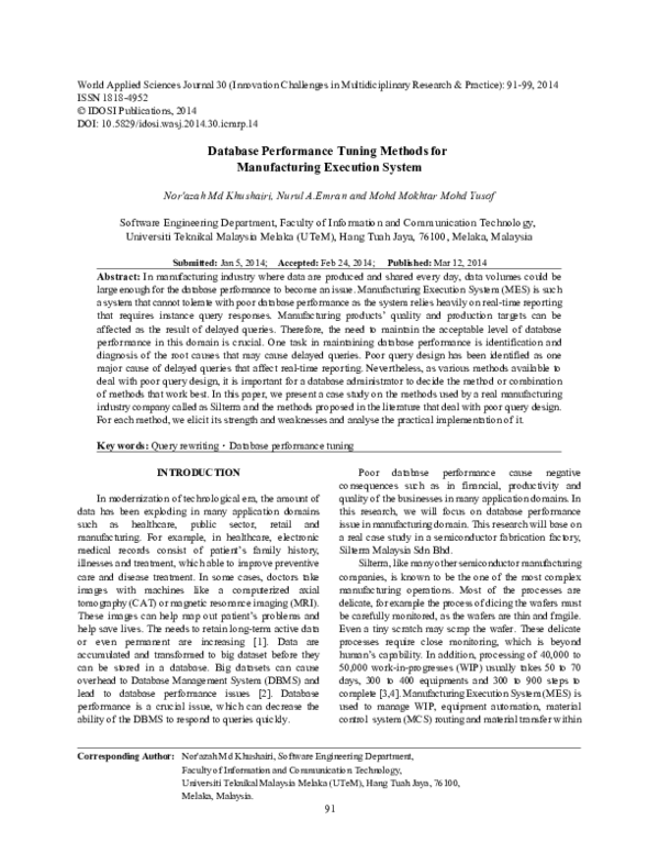 Pdf Database Performance Tuning Methods For Manufacturing Execution System 