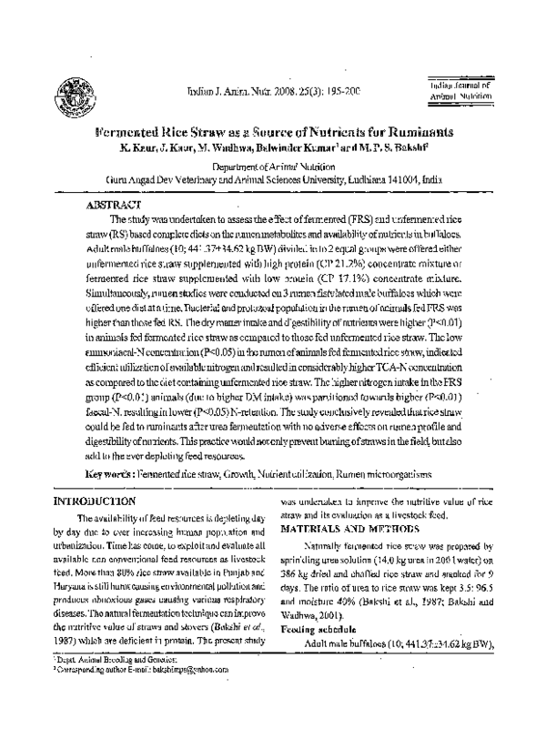 (PDF) Fermented Rice Straw as a Source of Nutrients for Ruminants