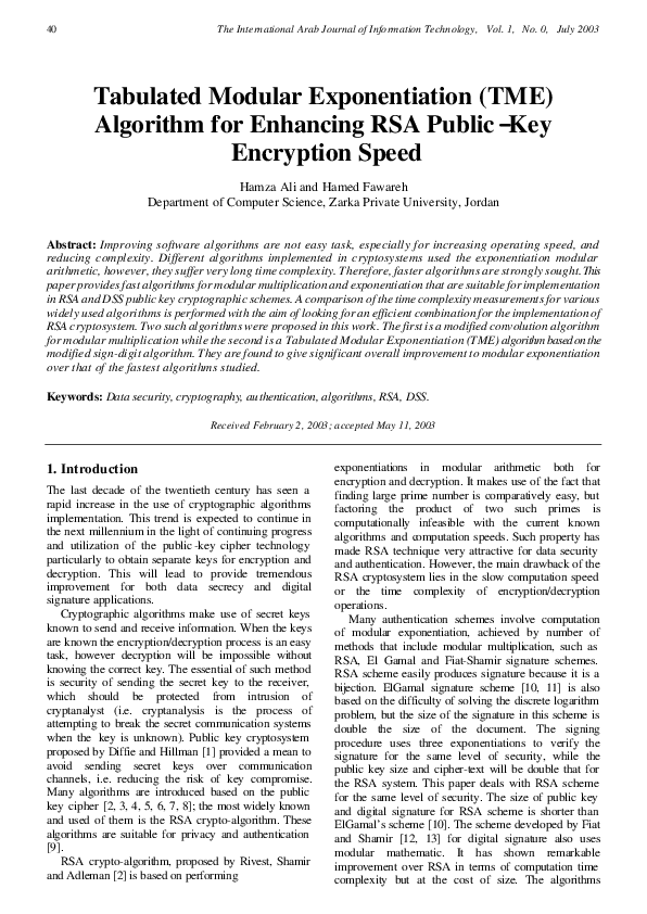 Pdf Tabulated Modular Exponentiation Tme Algorithm For Enhancing Rsa Public Key Encryption