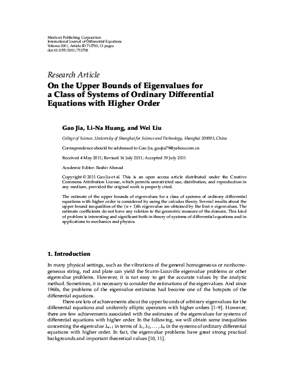 (PDF) Upper Bounds of Eigenvalues in Higher-Order ODE Systems