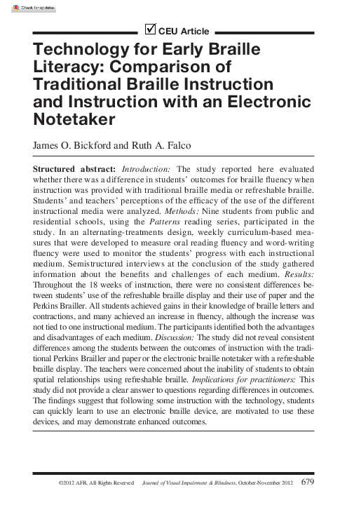 (PDF) Technology for Early Braille Literacy: Comparison of Traditional ...