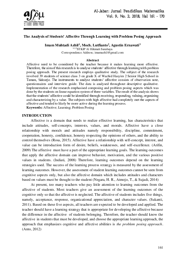 (PDF) The Analysis of Students’ Affective Through Learning with Problem ...