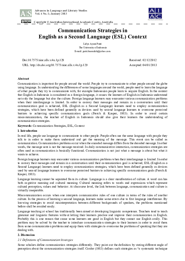 (PDF) Communication Strategies in English as a Second Language (ESL ...