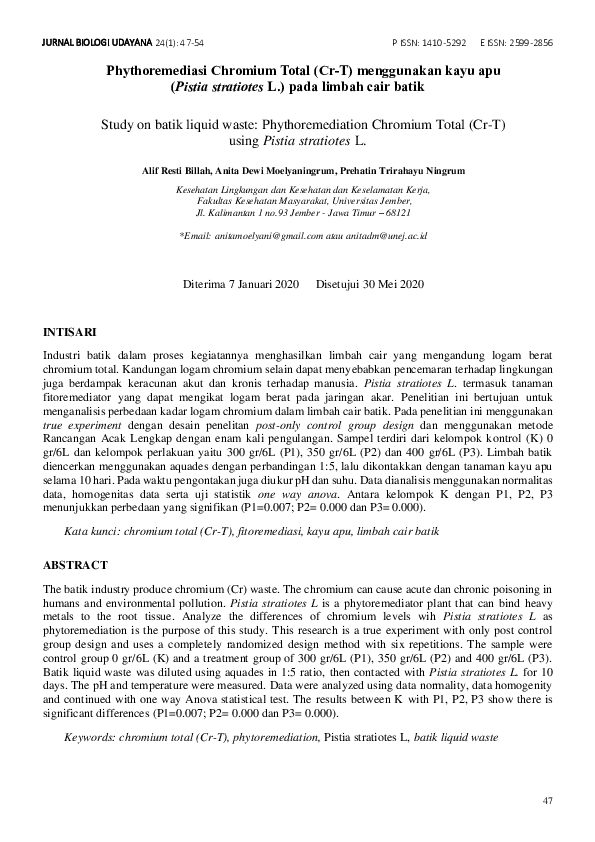 (PDF) Phythoremediasi Chromium Total (Cr-T) menggunakan kayu apu ...