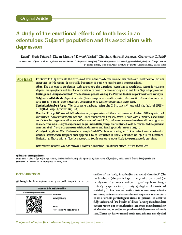 (PDF) A study of the emotional effects of tooth loss in an edentulous ...