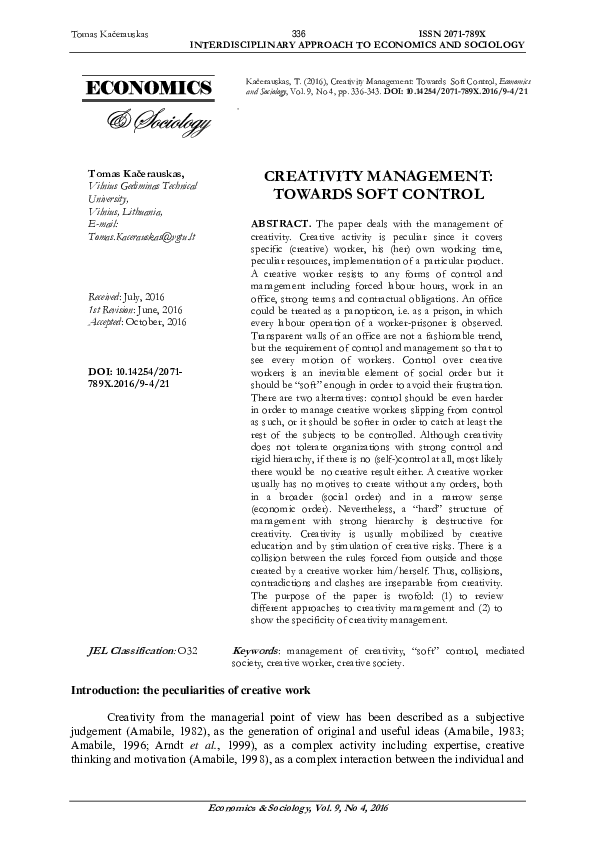 (PDF) Creativity Management: Towards Soft Control