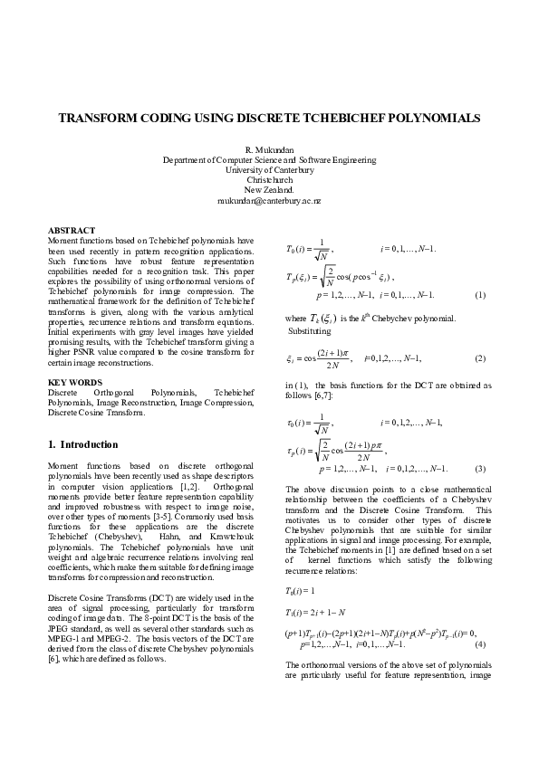 Pdf Transform Coding Using Discrete Tchebichef Polynomials