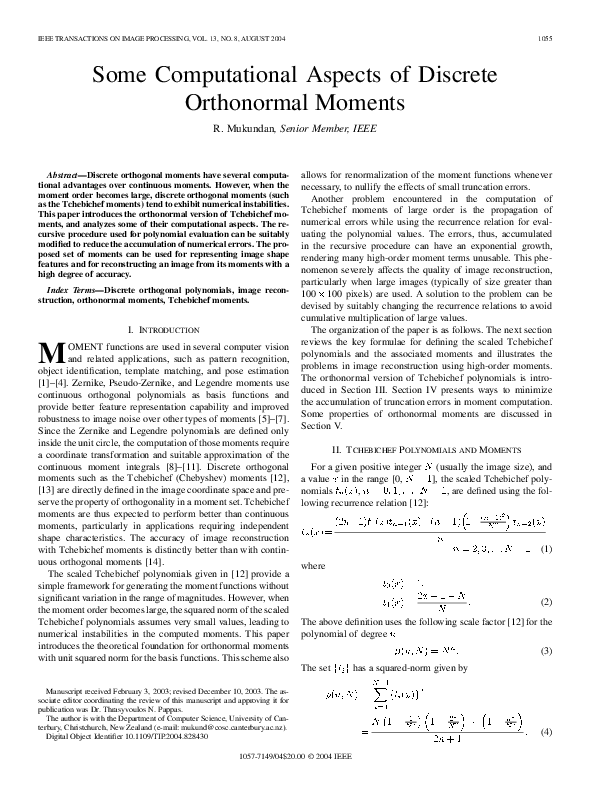 Pdf Some Computational Aspects Of Discrete Orthonormal Moments