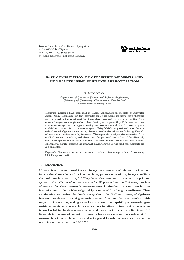 Pdf Fast Computation Of Geometric Moments And Invariants Using
