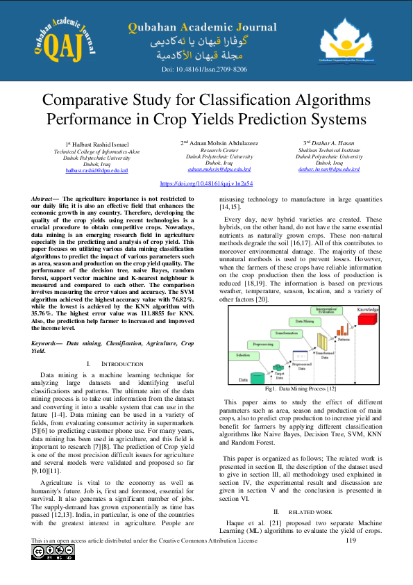 (PDF) Comparative Study for Classification Algorithms Performance in Crop Yields Prediction Systems