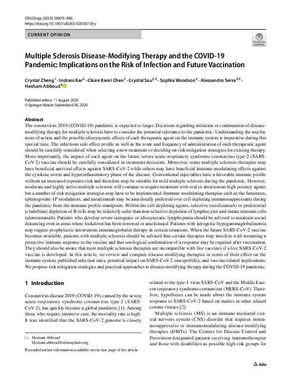 (PDF) Multiple Sclerosis Disease-Modifying Therapy and the COVID-19 Pandemic: Implications on ...