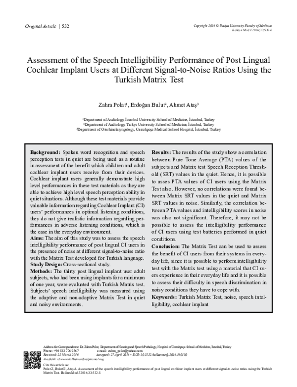 (PDF) Assessment of the Speech Intelligibility Performance of Post Lingual CI Users at Different ...