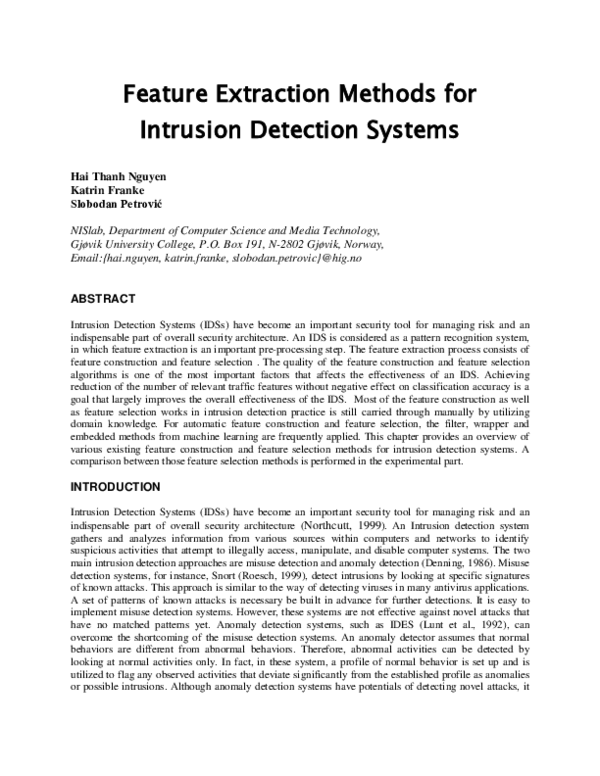 (PDF) Feature Extraction Methods for Intrusion Detection Systems