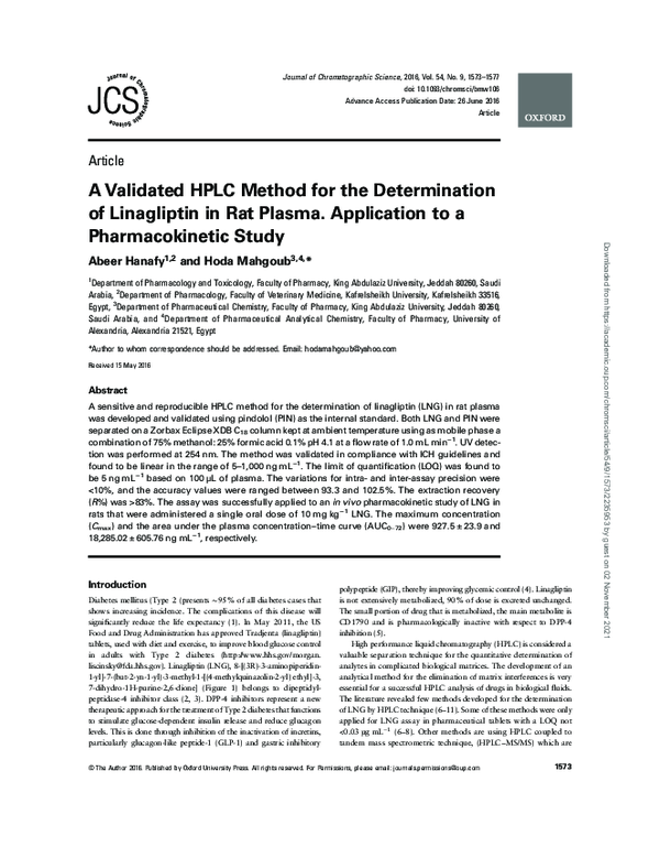 Pdf A Validated Hplc Method For The Determination Of Linagliptin In Rat Plasma Application To
