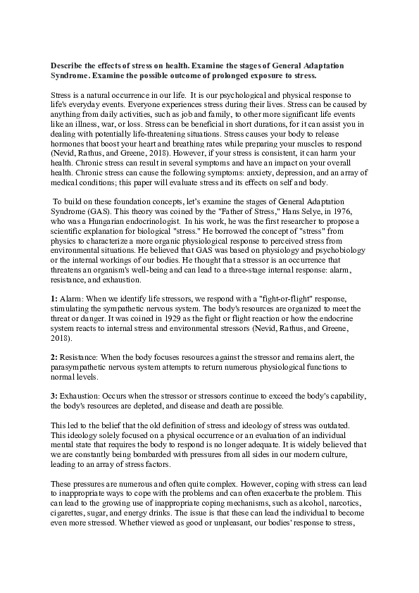 (DOC) An Examination of the stages of General Adaptation Syndrome.