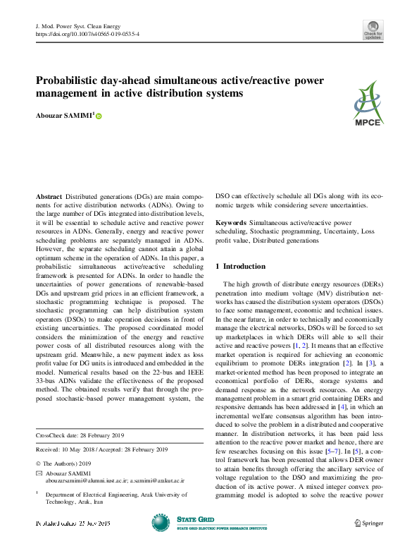 (PDF) Probabilistic day-ahead simultaneous active/reactive power management in active ...