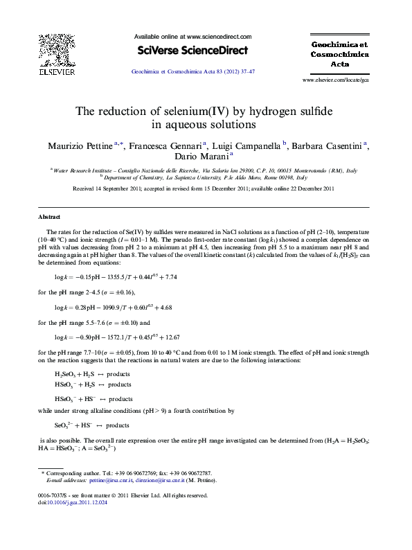 (PDF) The reduction of selenium(IV) by hydrogen sulfide in aqueous ...