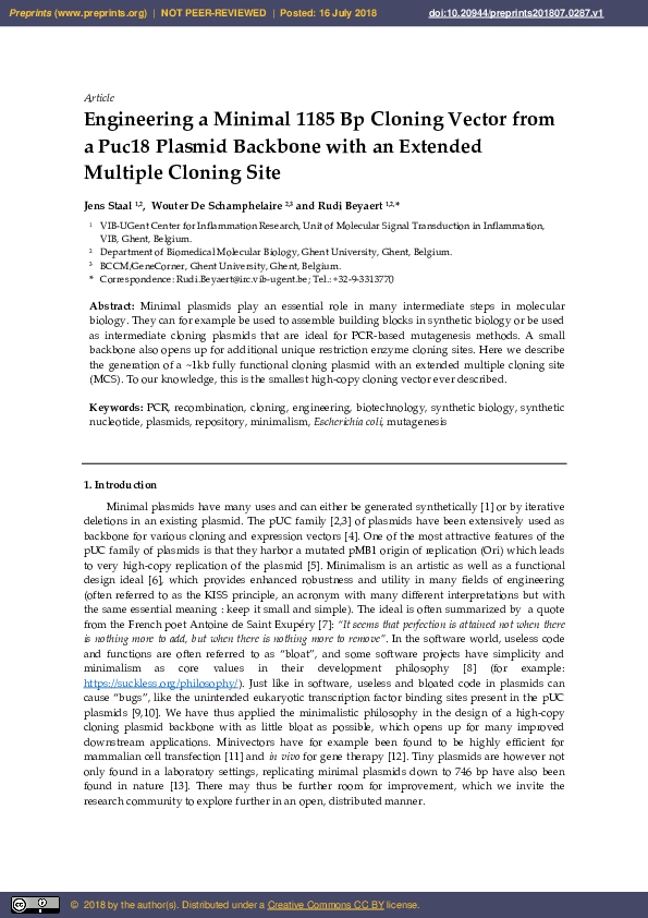 (PDF) Engineering a Minimal 1185 Bp Cloning Vector from a Puc18 Plasmid ...