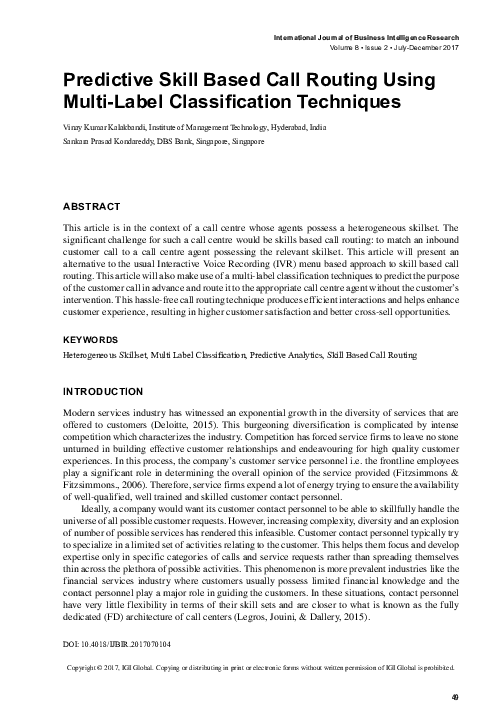 (PDF) Predictive Skill Based Call Routing Using Multi-Label ...