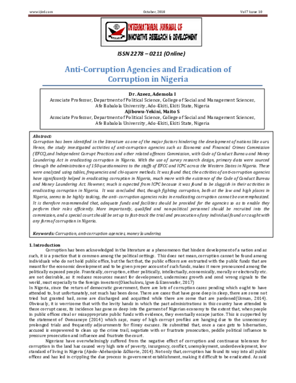 (PDF) Anti-Corruption Agencies and Eradication of Corruption in Nigeria