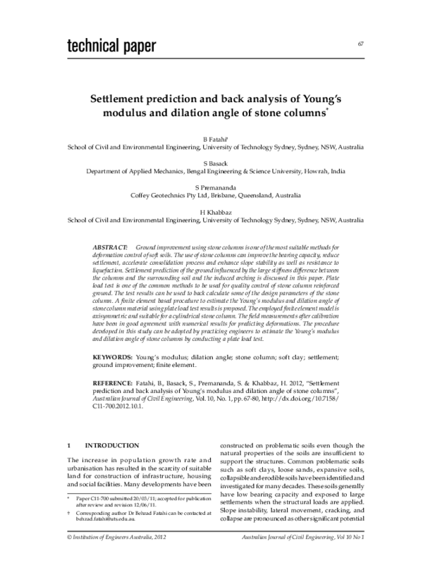 (PDF) Settlement prediction and back analysis of Young's modulus and dilation angle of stone columns