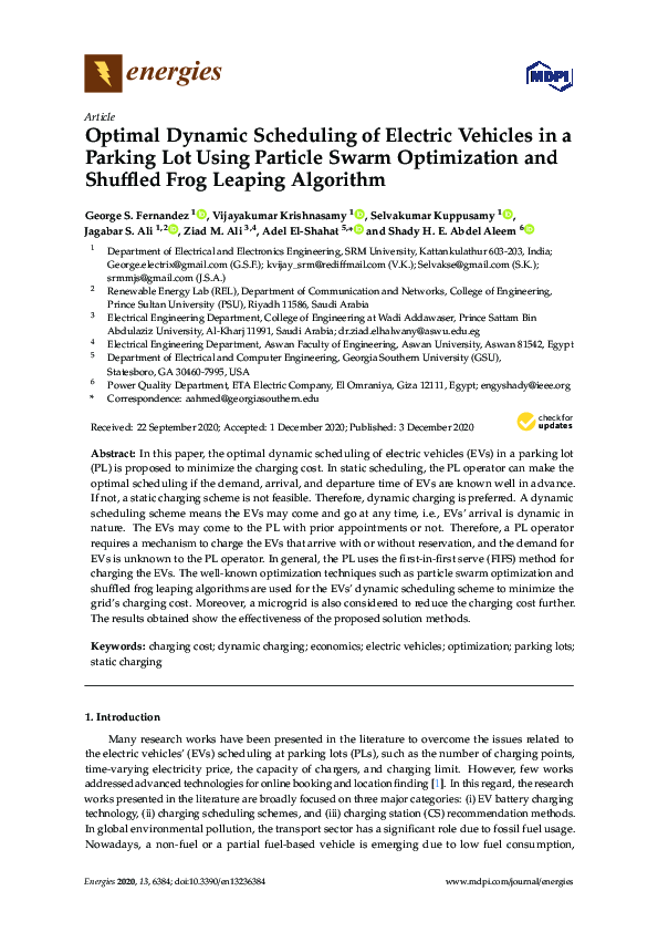 (PDF) Optimal Dynamic Scheduling of Electric Vehicles in a Parking Lot Using Particle Swarm ...