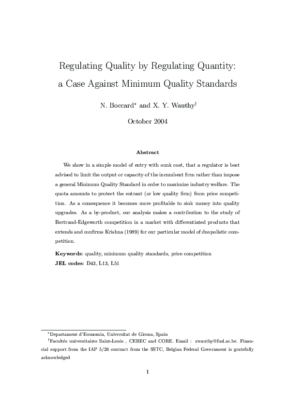 (PDF) Regulating Quality by Regulating Quantity: a Case Against Minimum Quality Standards