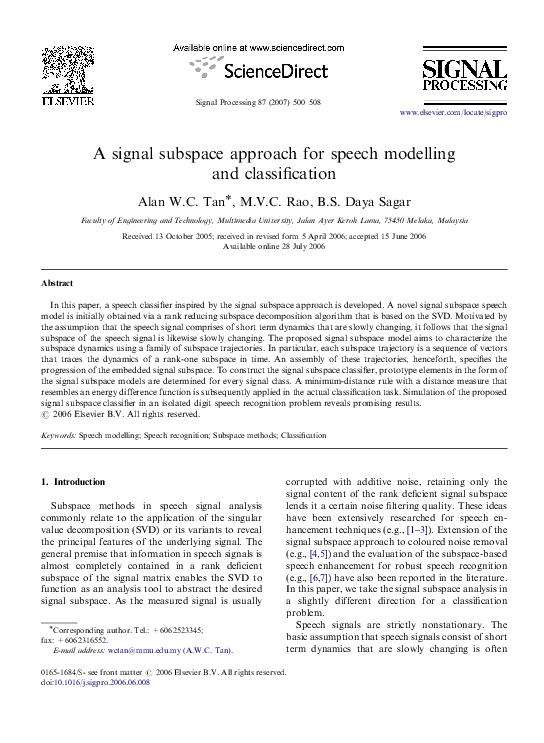 (PDF) Speech Classification via Signal Subspace Modeling