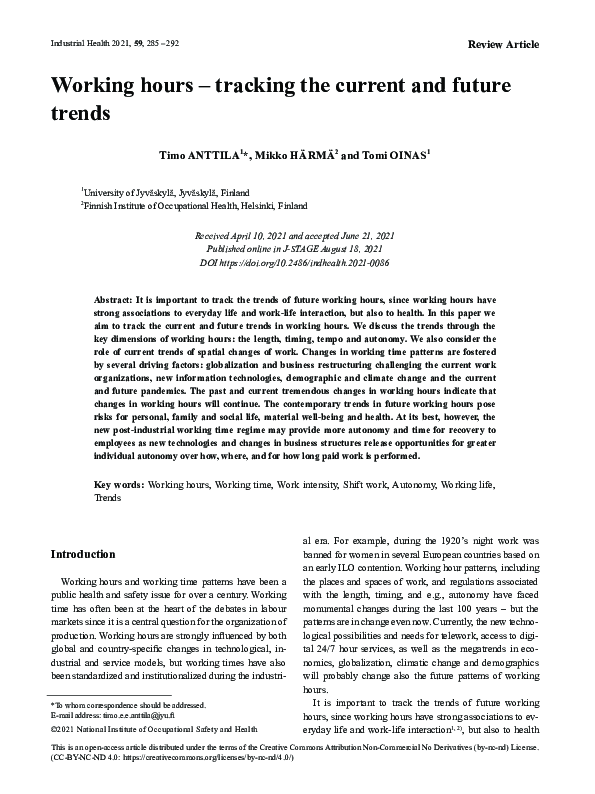 (PDF) Working hours – tracking the current and future trends