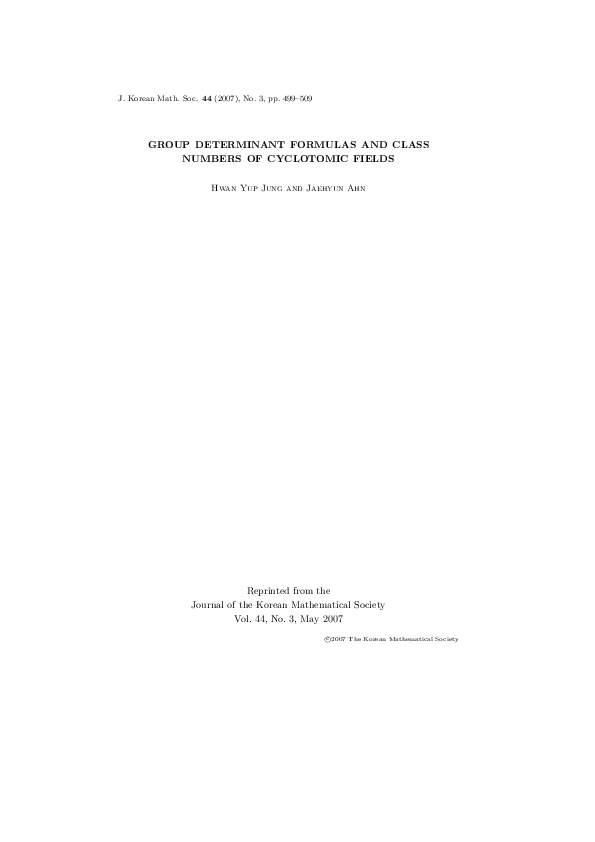 Pdf Group Determinant Formulas And Class Numbers Of Cyclotomic Fields Hwanyup Jung