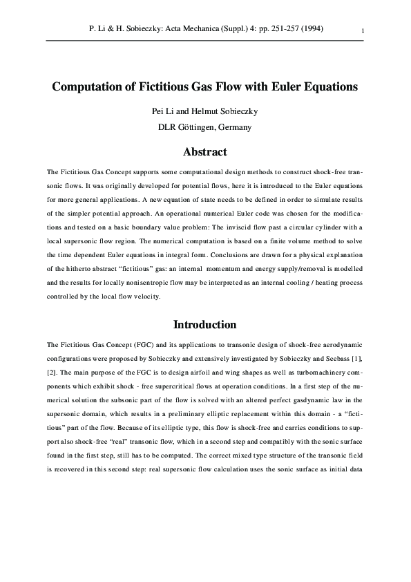 Pdf Computation Of Fictitious Gas Flow With Euler Equations Helmut Sobieczky 