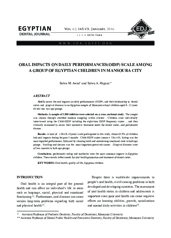 (PDF) Oral Impacts on Daily Performances(Oidp) Scale Among a Group of ...