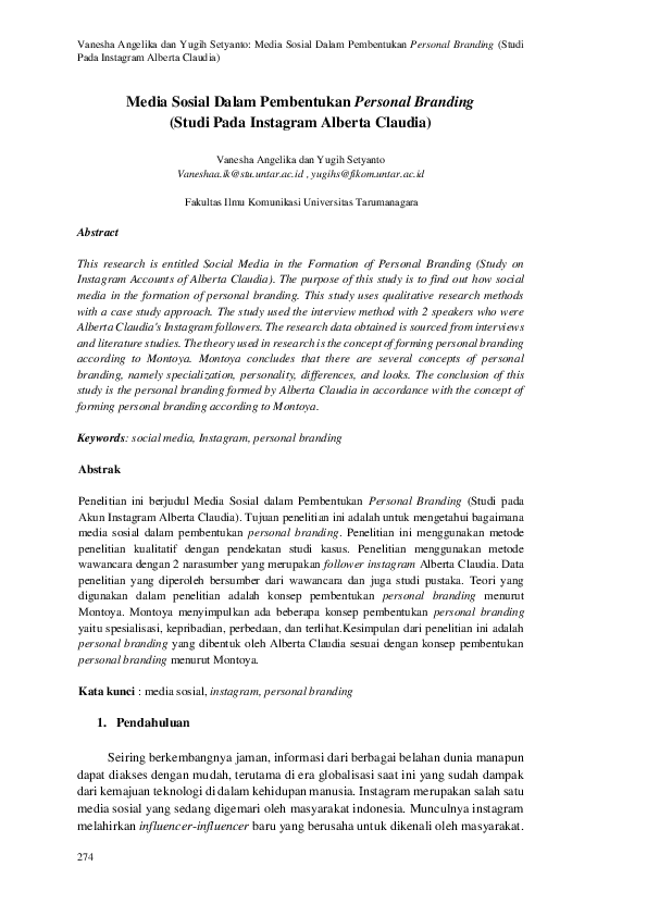 (PDF) Media Sosial Dalam Pembentukan Personal Branding (Studi Pada Instagram Alberta Claudia)