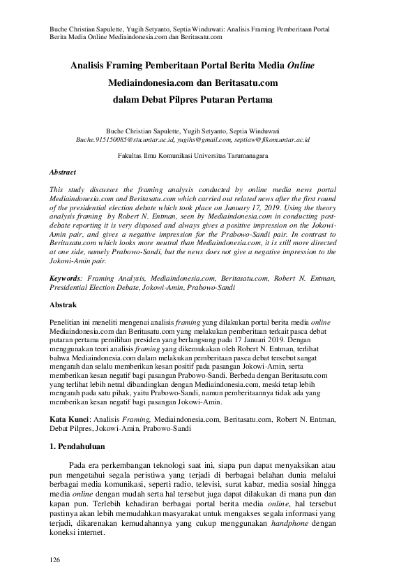 (PDF) Analisis Framing Pemberitaan Portal Berita Media Online Mediaindonesia.com dan Beritasatu ...