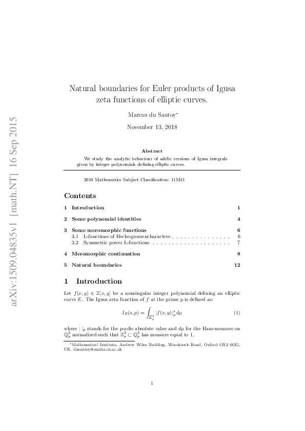 (PDF) Natural boundaries for Euler products of Igusa zeta functions of elliptic curves | Marcus ...