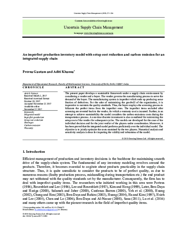 Pdf An Imperfect Production Inventory Model With Setup Cost Reduction
