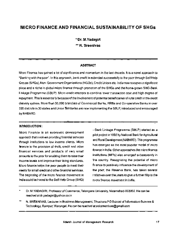 (PDF) Micro Finance and Financial Sustainability of SHGs
