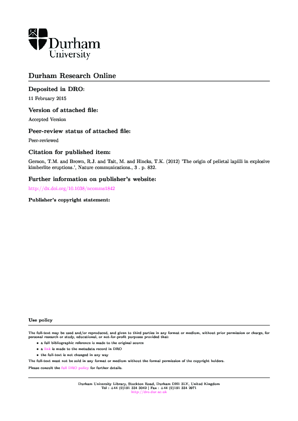 (PDF) The origin of pelletal lapilli in explosive kimberlite eruptions